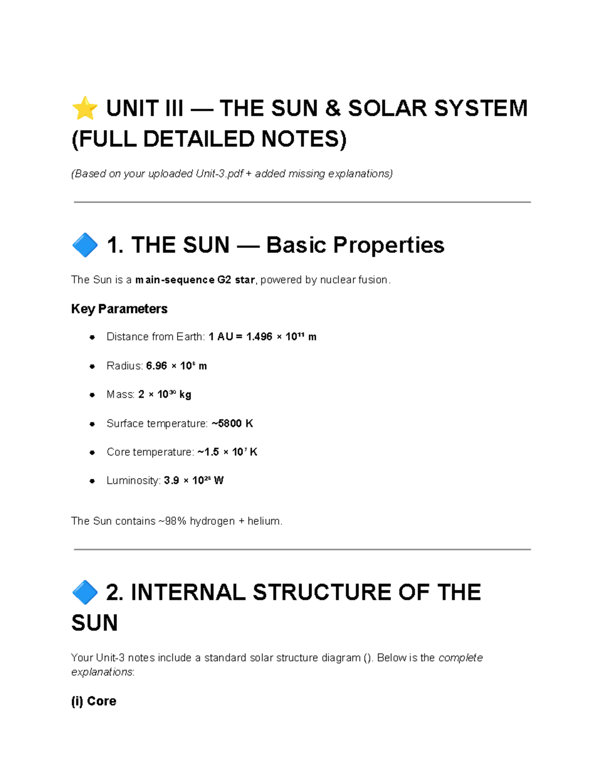 Astrophysics U-3: Detailed Notes on The Sun & Solar System - Studocu