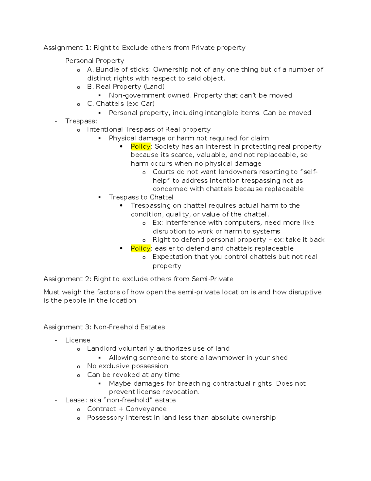 Property Outline: Assignment 1-3 on Rights and Tenancies in Real Estate ...