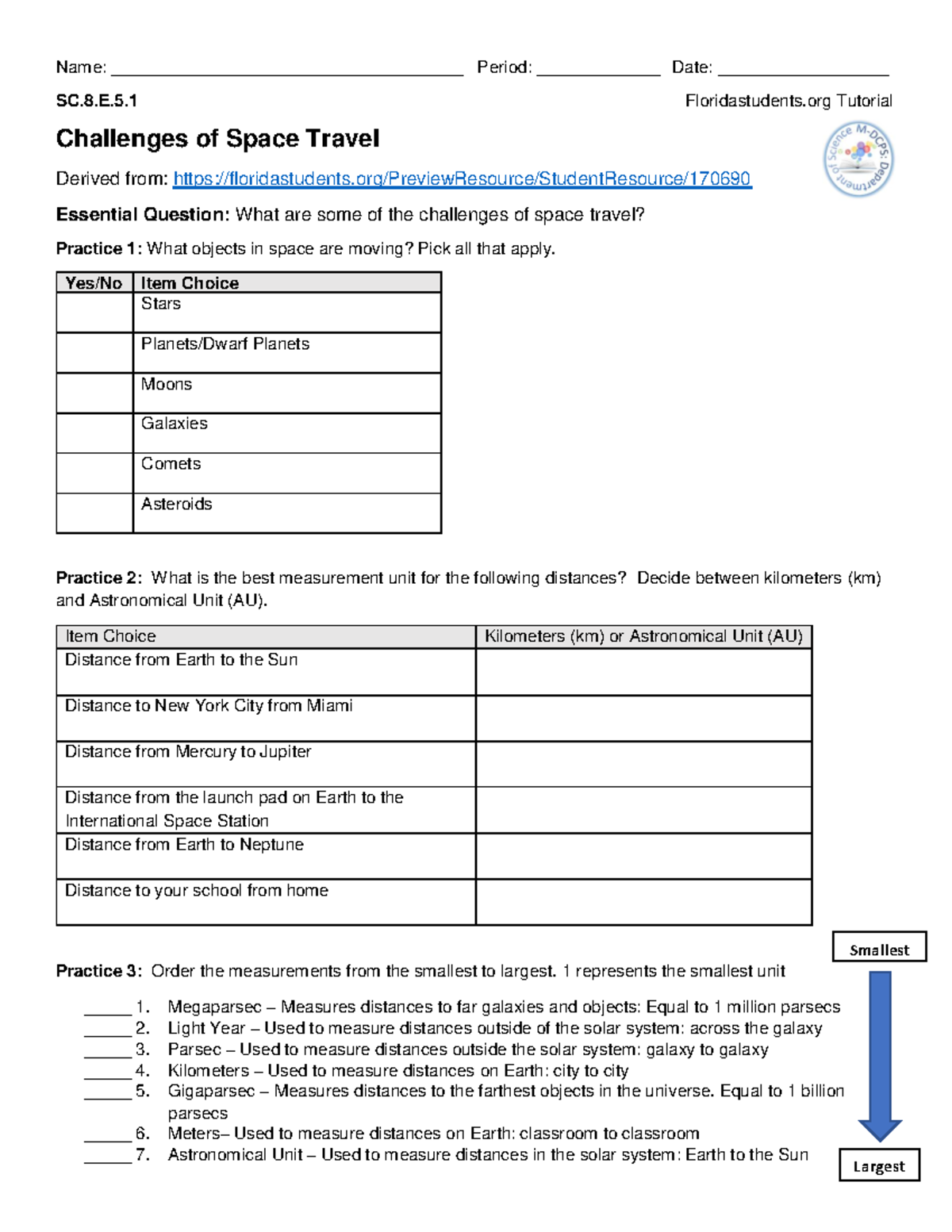 SC.8.E.5.1 Challenges & Distances in Space Travel Essay Notes - Studocu