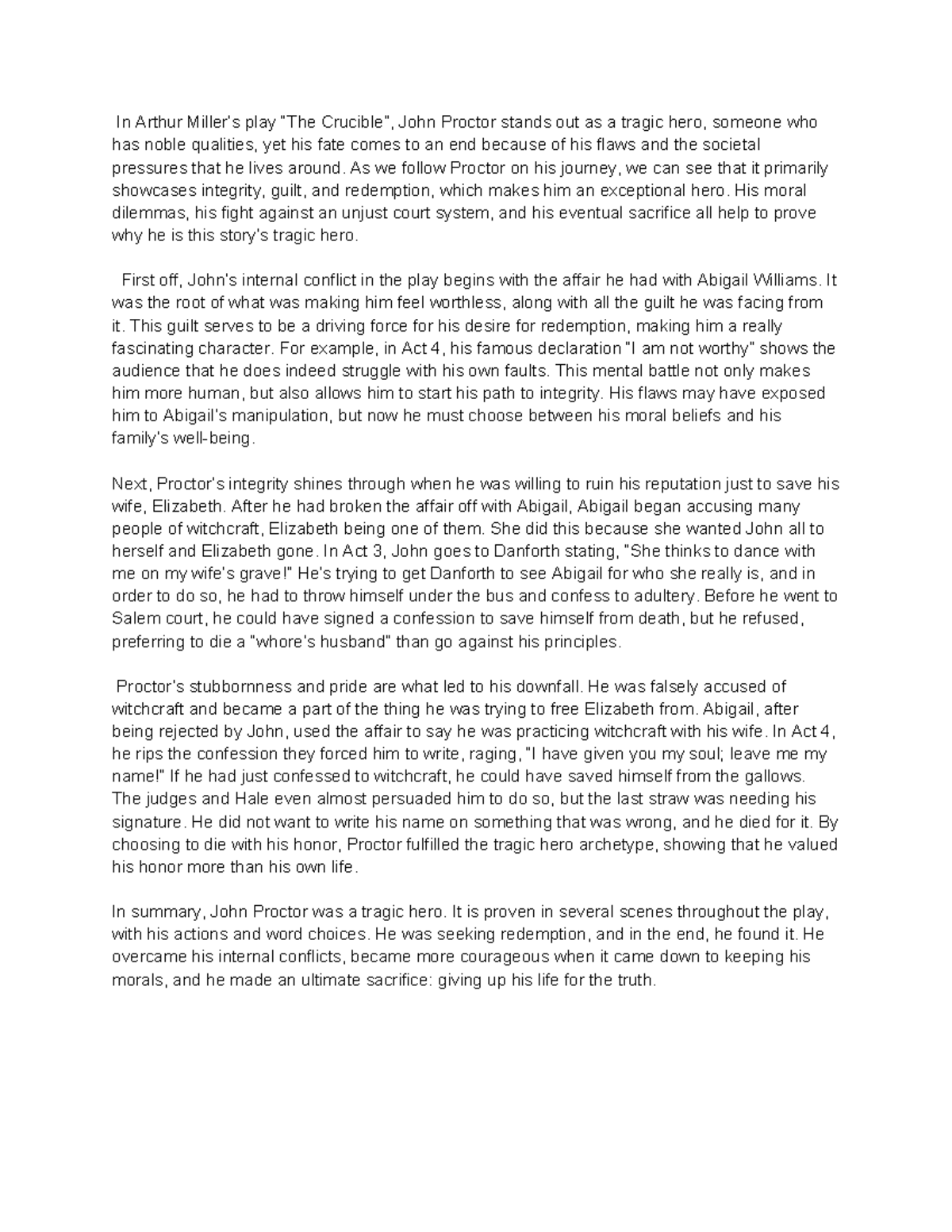 John Proctor: A Tragic Hero Analysis in The Crucible (ENG 101) - Studocu
