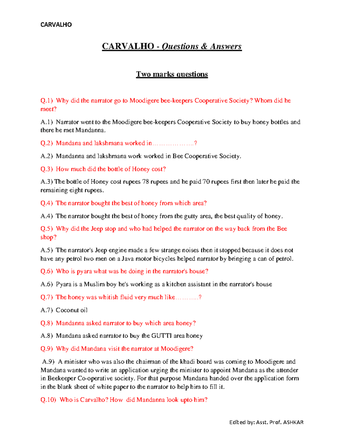 CARVALHO - Q&A on Characters and Events in the Novella - Studocu