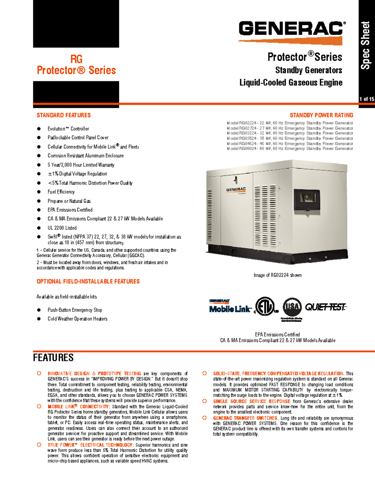 RG Series 22-60 kW Standby Generator Spec Sheet - Studocu