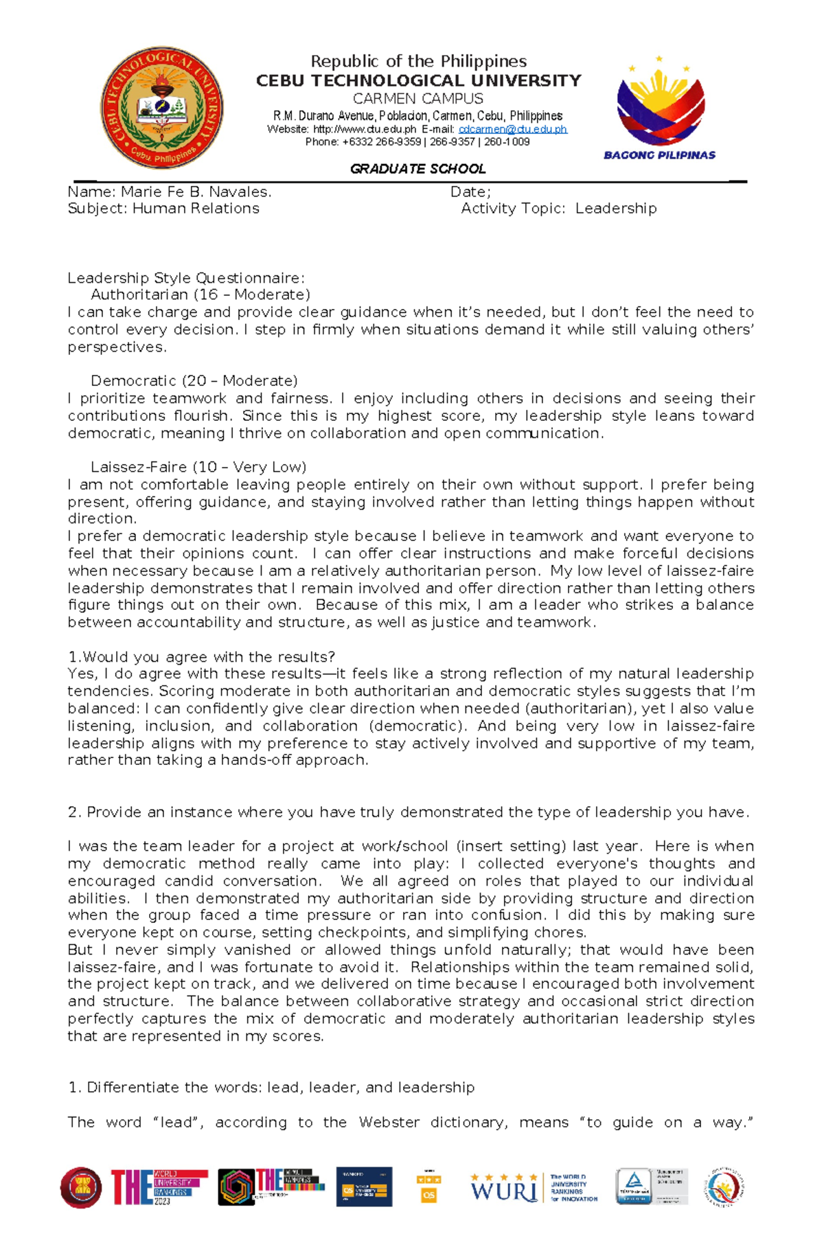 Leadership Styles and Self-Reflection: A Study by Marie Fe B. Navales ...