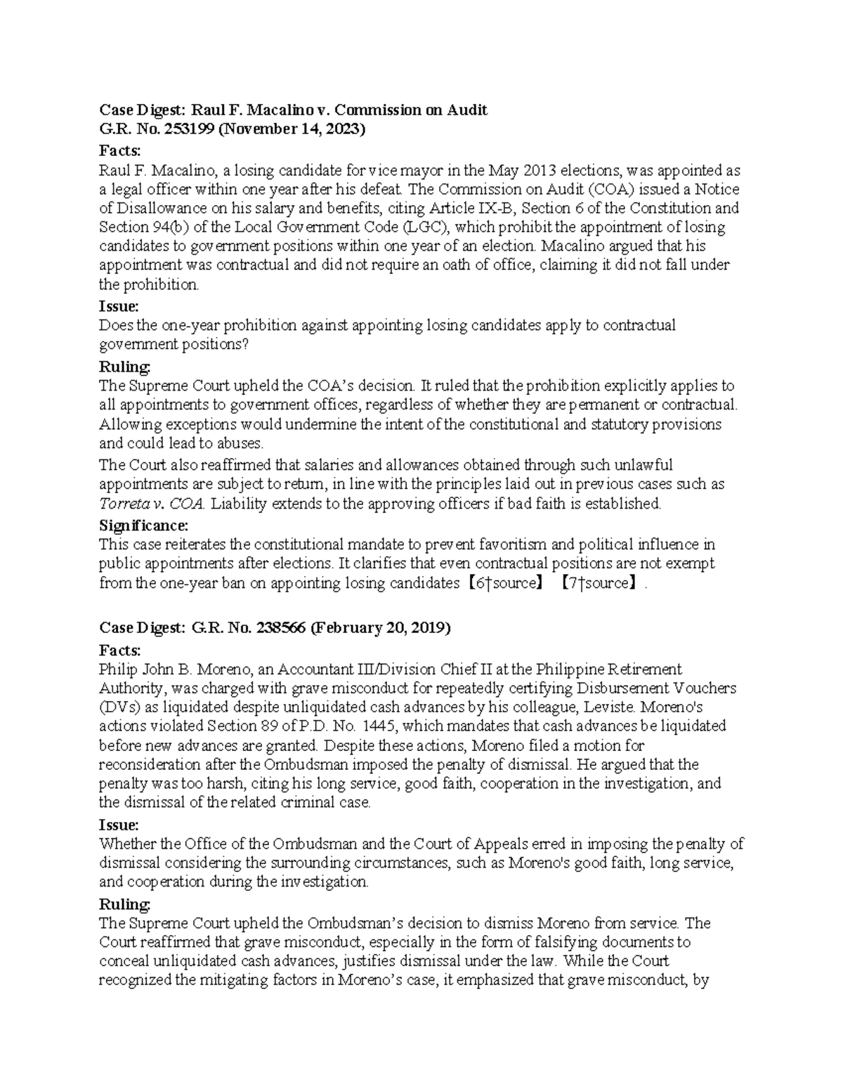 Case Digest: Raul Macalino v. COA and Philip Moreno Misconduct Cases ...