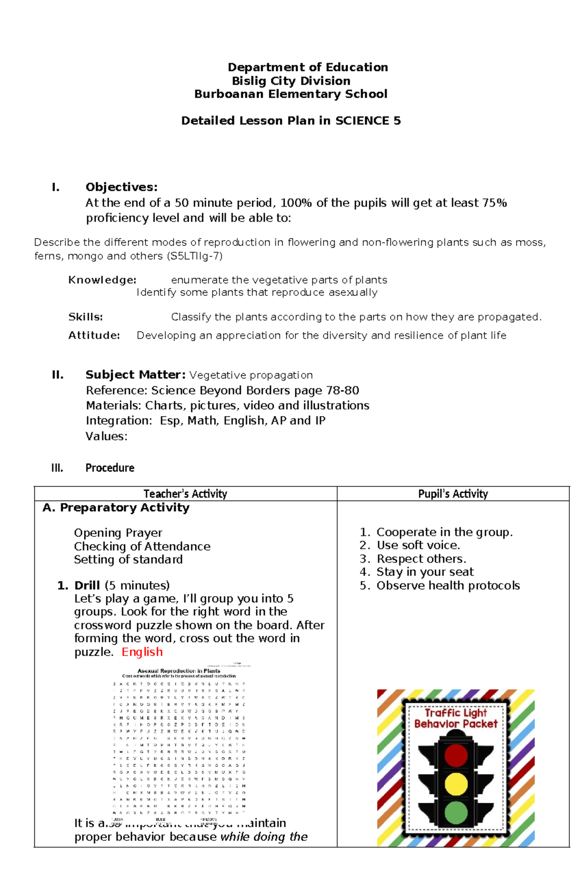 Detailed Lesson Plan in Science 5: Asexual Reproduction Methods - Studocu