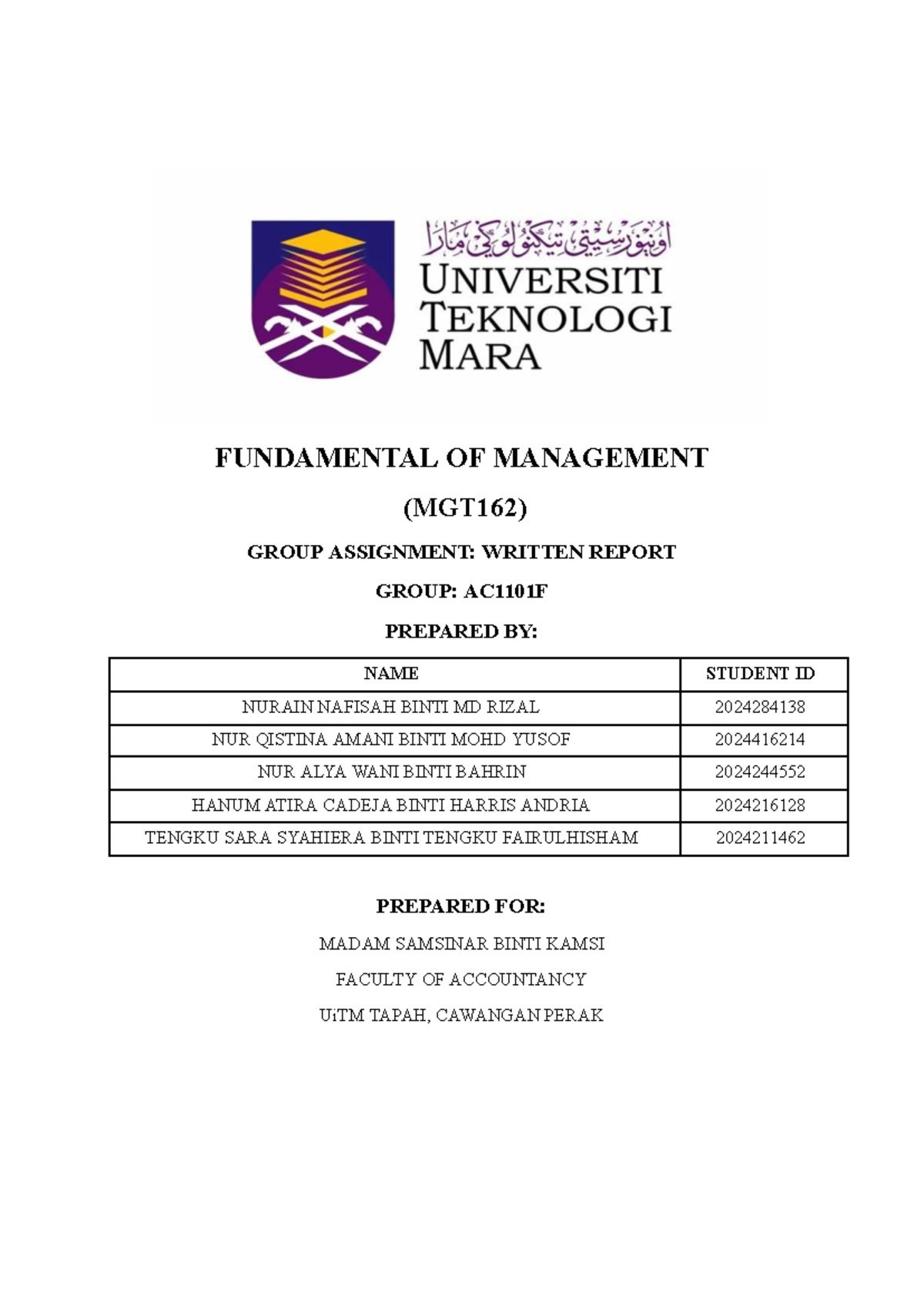 Naelofar Hijab Group Project Report (MGT162) - Management Fundamentals ...