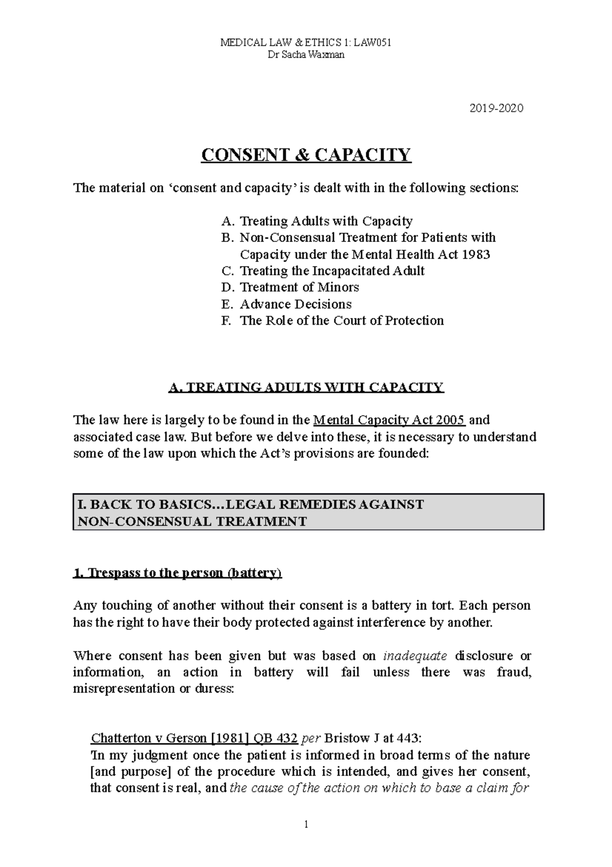 Consent & Capacity Lecture Handout 09.2019 (1) - Dr Sacha Waxman 2019 ...