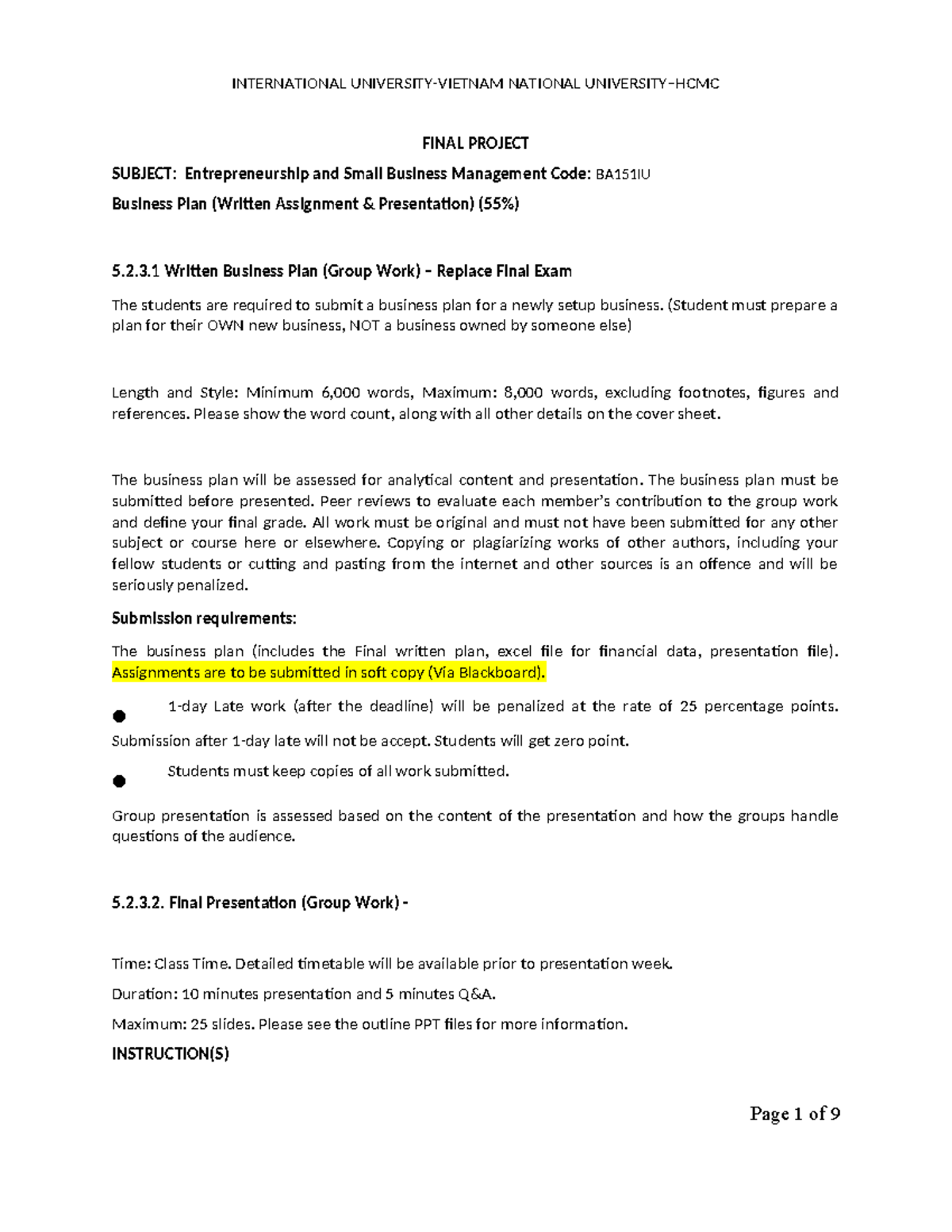 BA151IU Business Plan Outline: Entrepreneurship Project Guide - Studocu