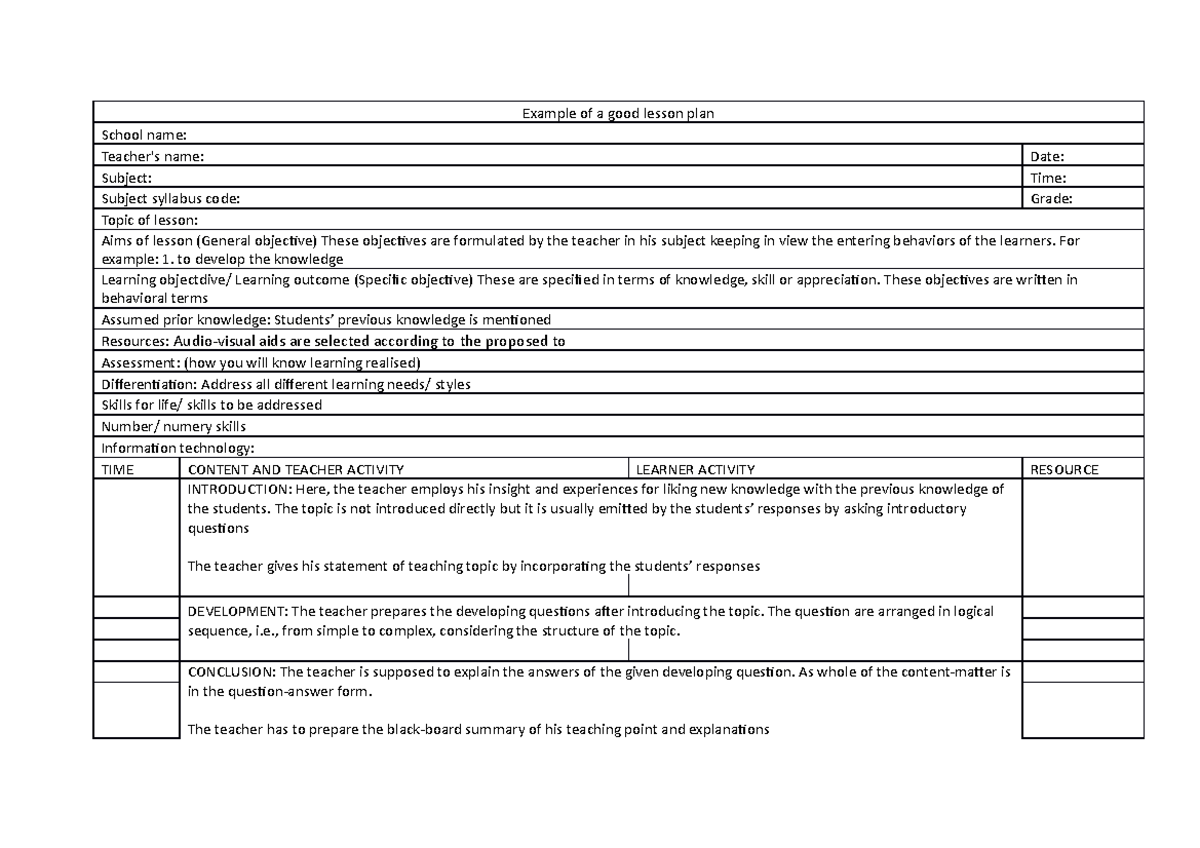 My example for a lesson plan with explanations - Example of a good ...