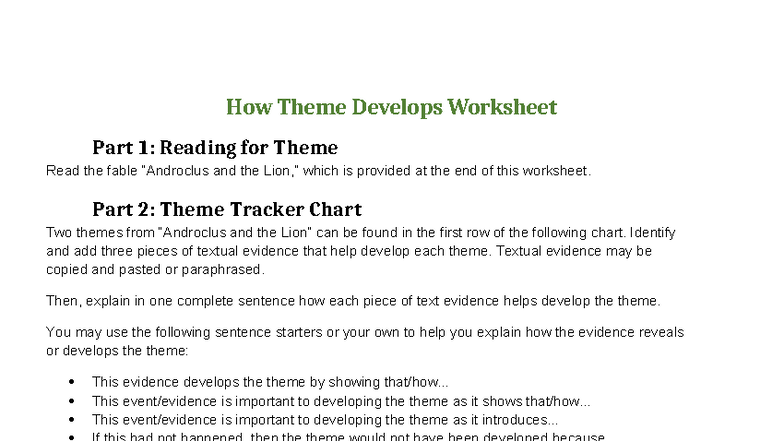 How Theme Develops Worksheet: Analyzing Textual Evidence for Themes ...