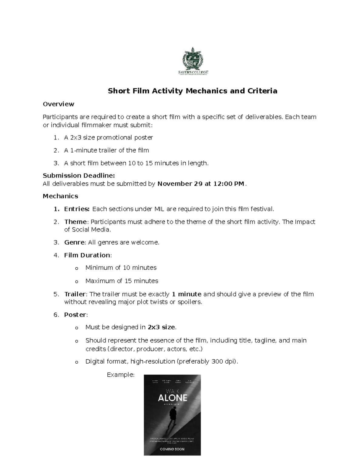 Short Film Activity (MIL): Mechanics & Criteria Overview - Studocu