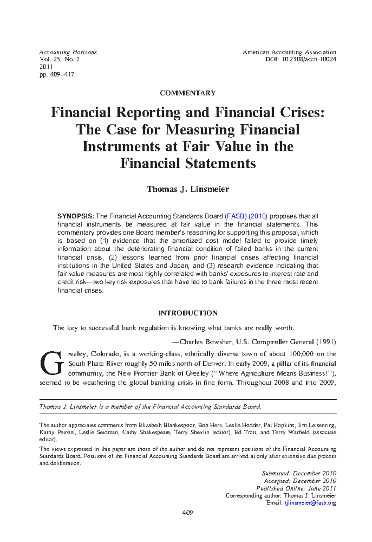 Linsmeier 2011 - Reading material - Accounting Horizons American ...