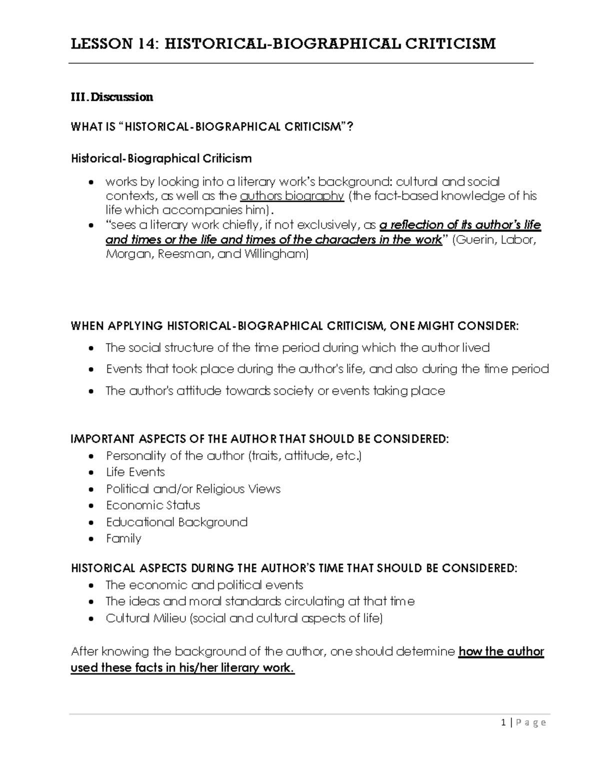 L14 LITT Handout: Exploring Historical-Biographical Criticism - Studocu