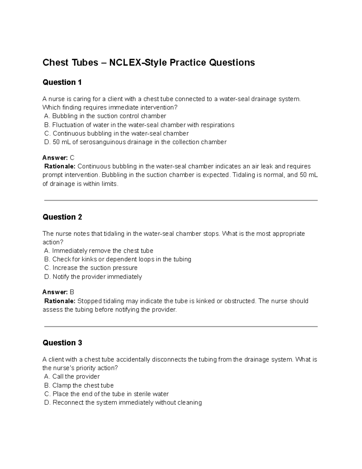 Chest Tubes Practice Questions for Nursing Exam (NUR 101) - Studocu