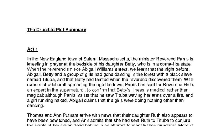 The Crucible (ENG 101) Act 1-4 Plot Summary Analysis - Studocu