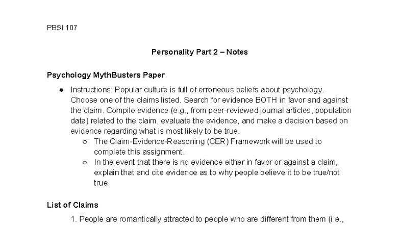 Psychology PBSI 107: MythBusters Paper on Personality Claims - Studocu
