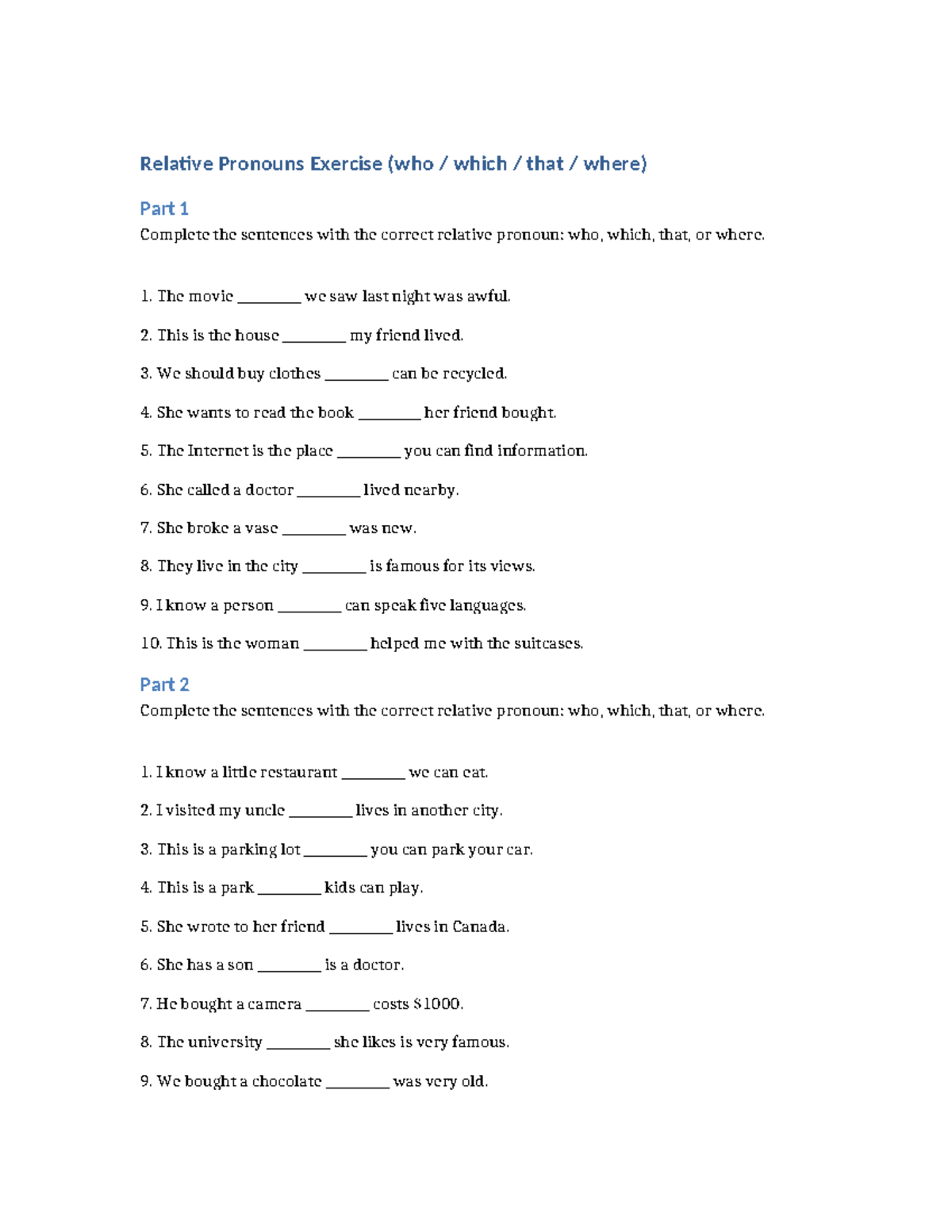 Relative Pronouns Exercise (Part 1 & 2) - Studocu