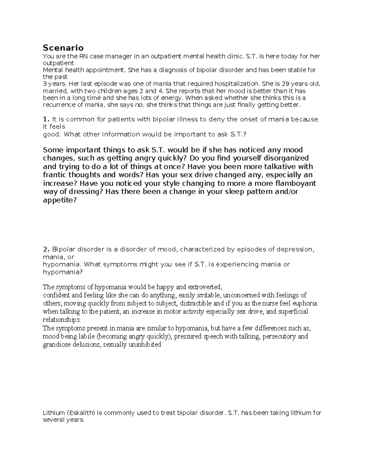 Bipolar Case Study 2: Outpatient Management & Lithium Treatment - Studocu