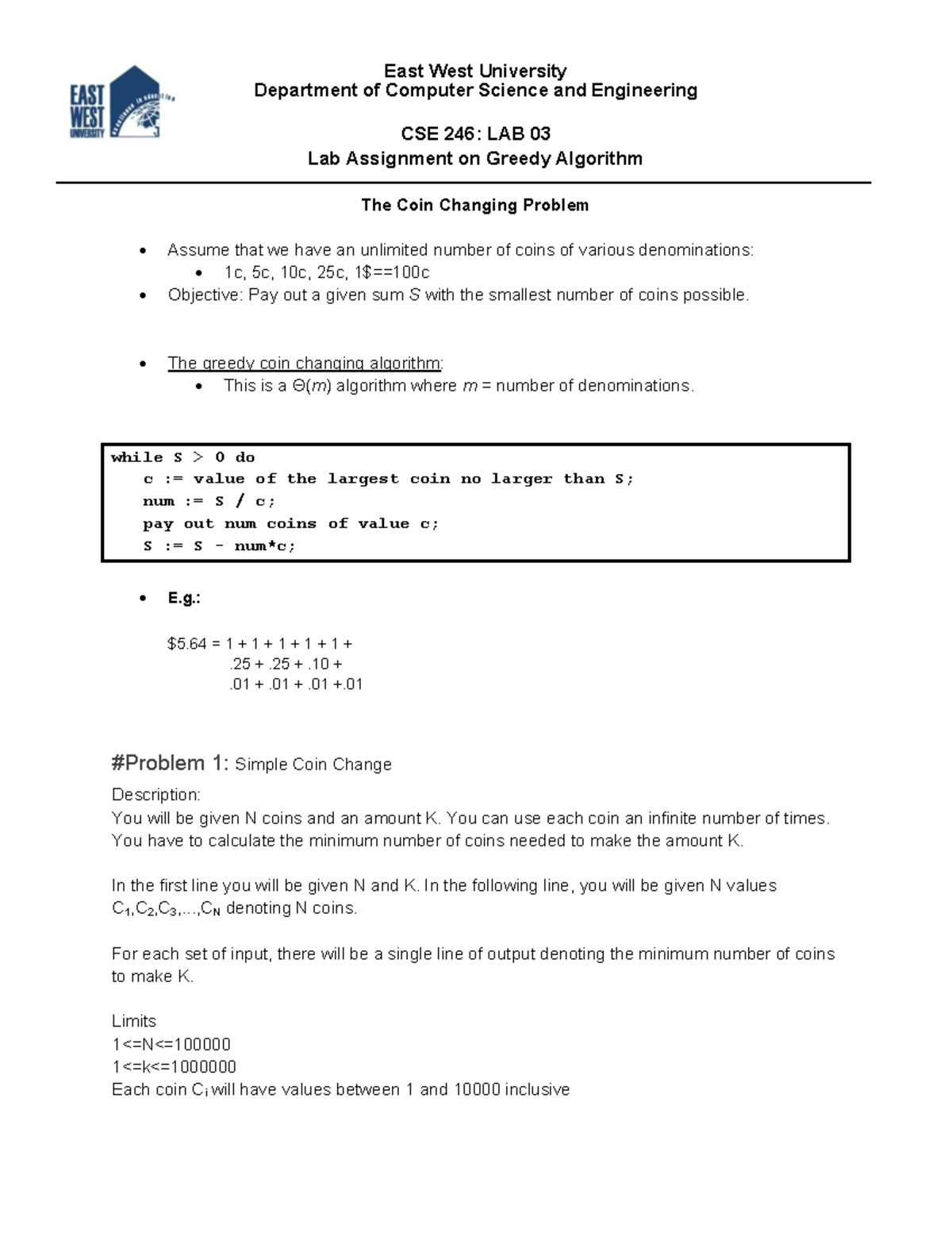 CSE 246: LAB 03 - Greedy Algorithm & Coin Changing Problem - Studocu
