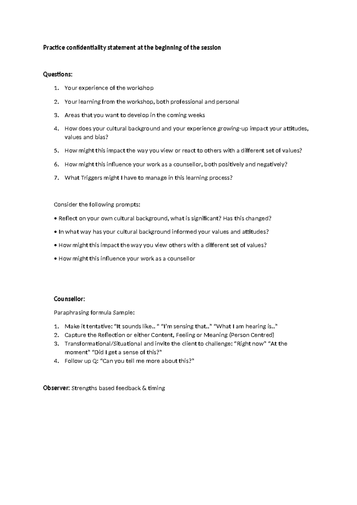 Counselling Skills Reflection: Paraphrasing Formula & Cultural Impact ...