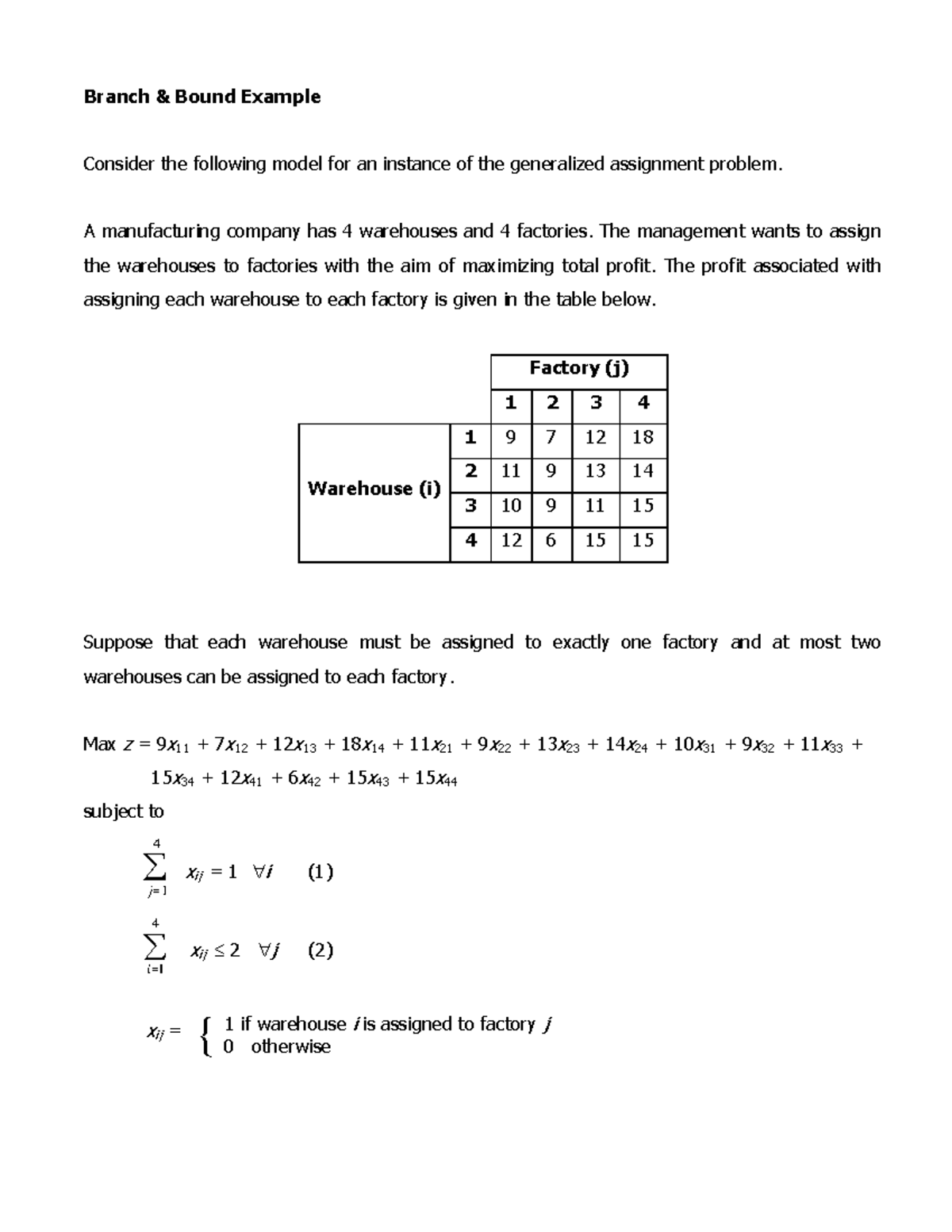 Branch and Bound Example for Generalized Assignment Problem - Studocu