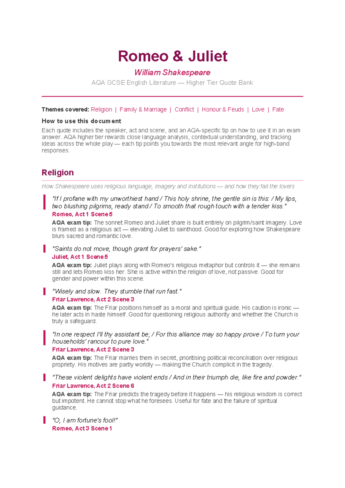 AQA GCSE English Literature: Romeo and Juliet Quote Bank on Themes ...