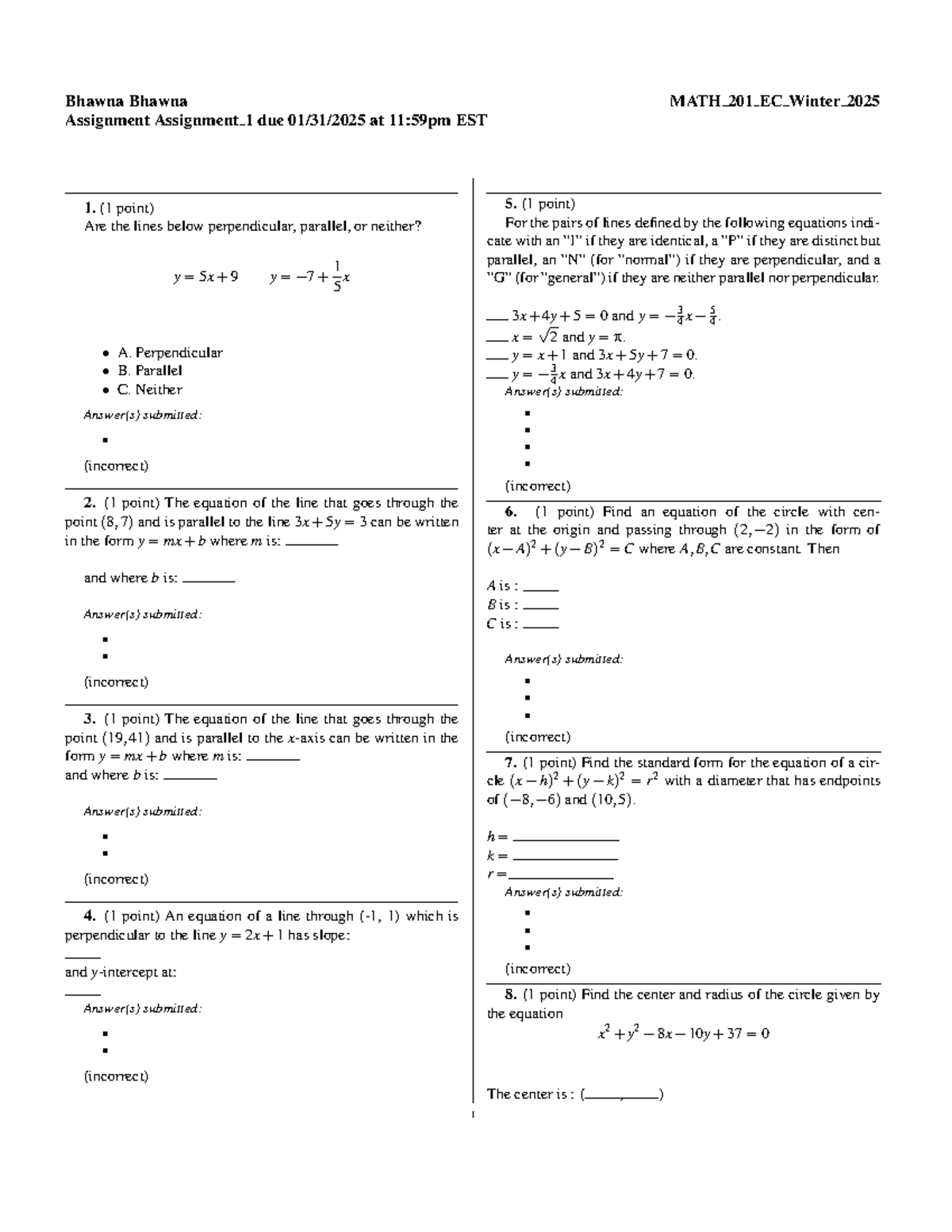 MATH 201 EC Winter 2025: Assignment 1 Solutions & Step-by-Step Guide ...