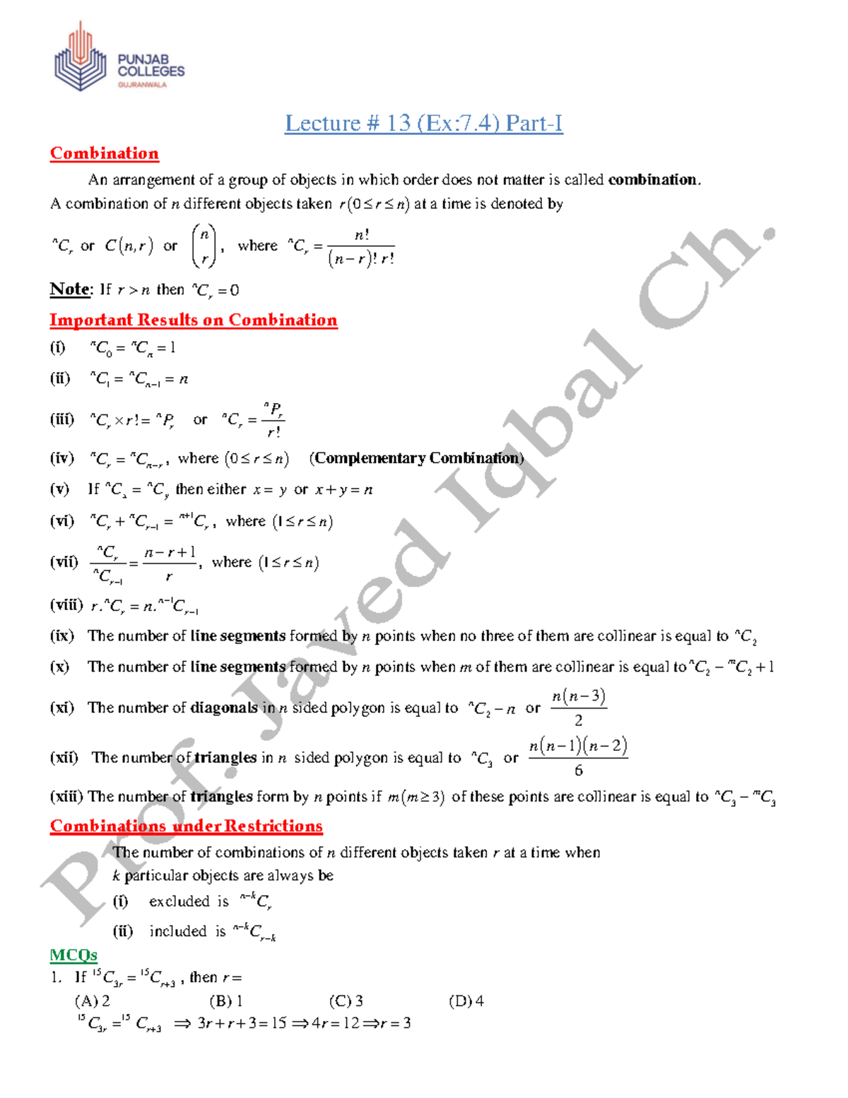Lecture 13: Combinations and Important Results in Mathematics - Studocu