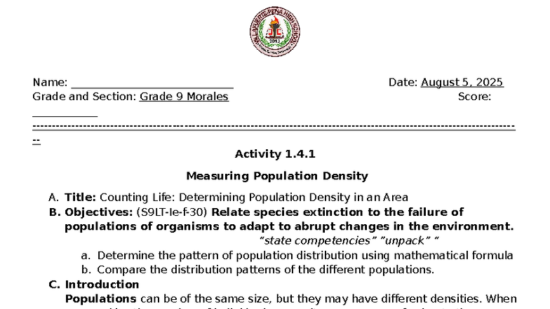 Grade 9 Lab Activity: Measuring Population Density (Output 1) - Studocu