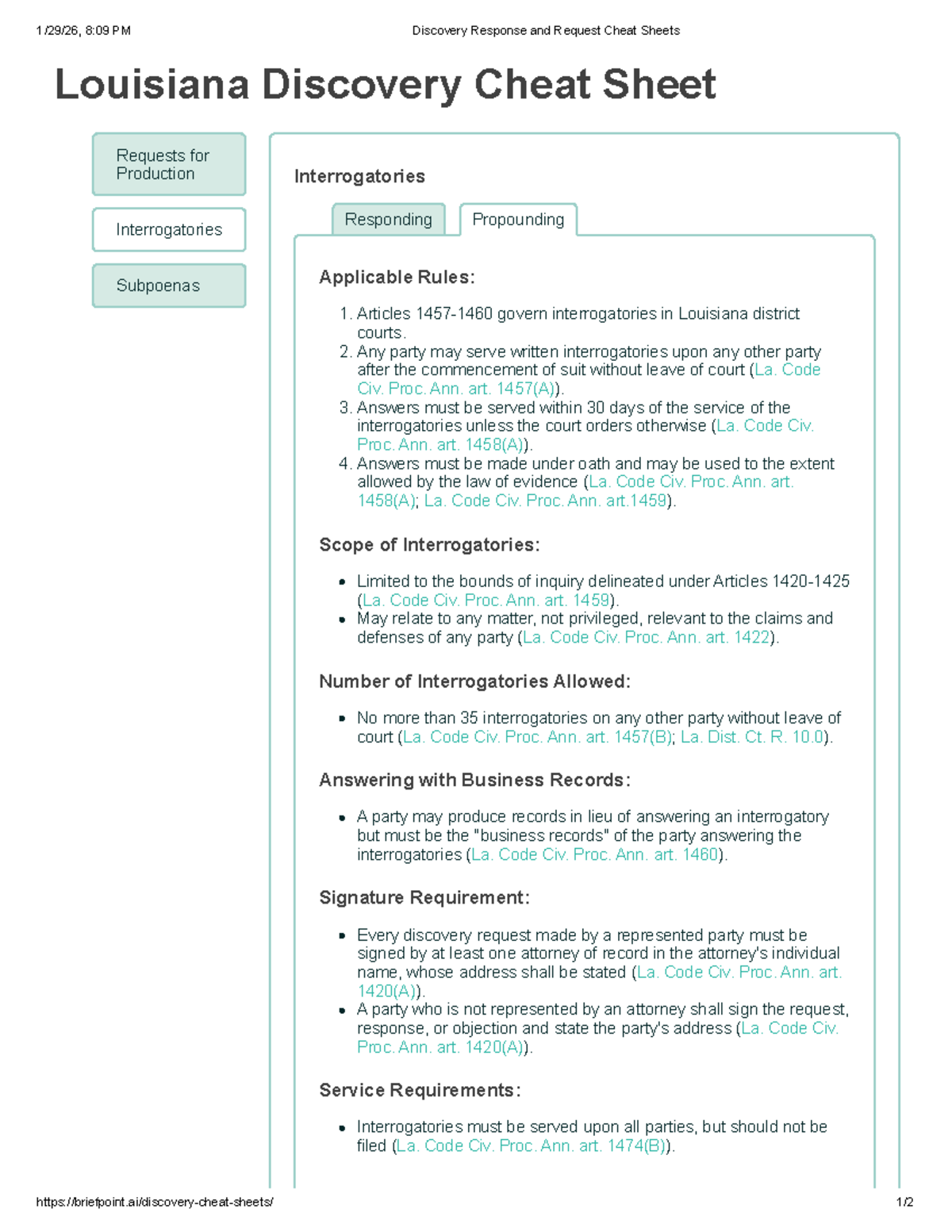 LA Discovery Response & Request Cheat Sheets: Interrogatories & Rules ...