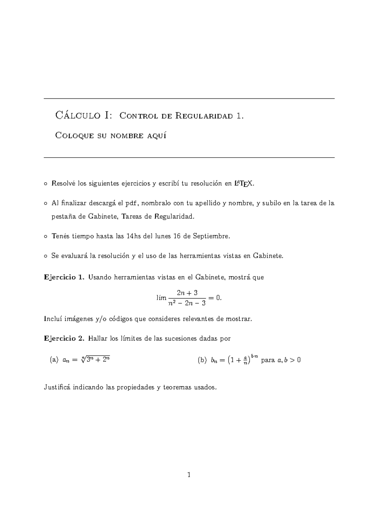 Cálculo I: Control de Regularidad 1 - Ejercicios y Resoluciones - Studocu