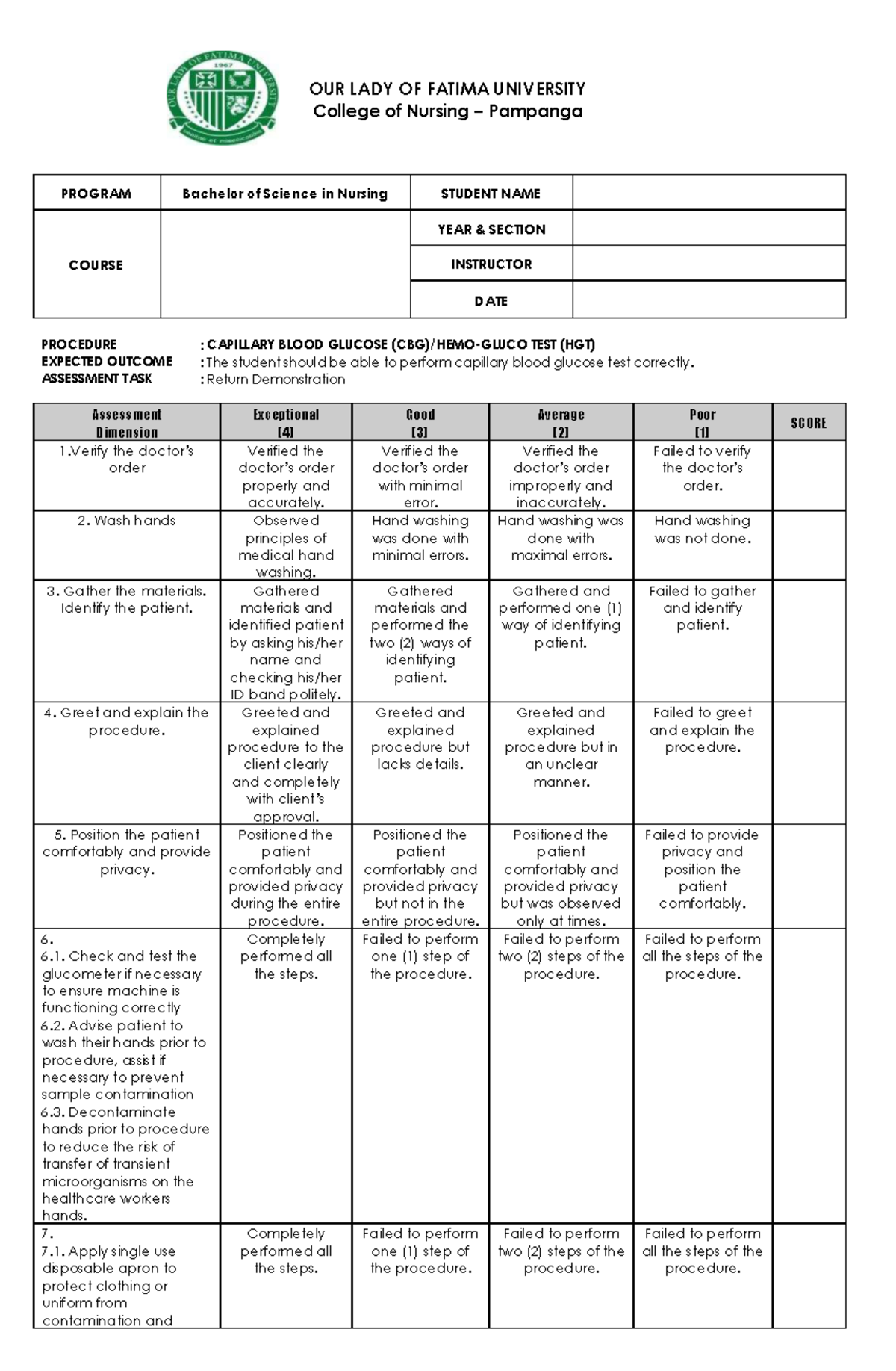 Capillary Blood Glucose Testing Procedure (CBG-HGT) for Nursing - Studocu