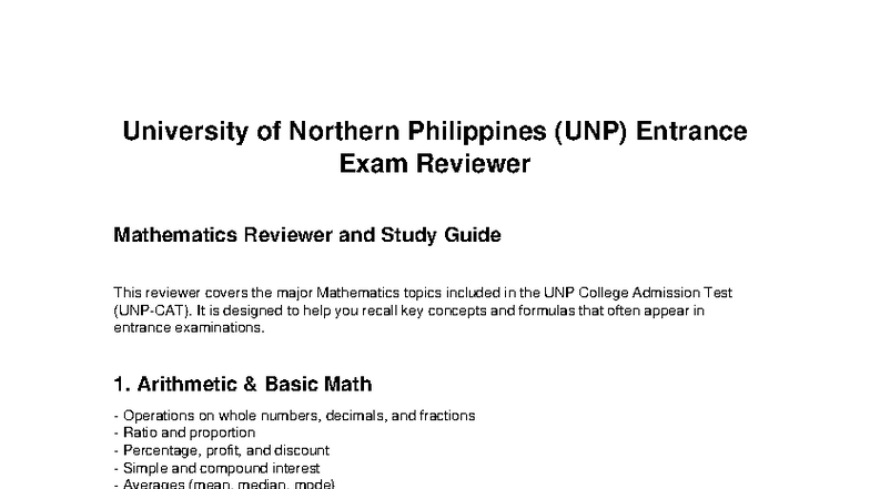 UNP Entrance Exam Math Reviewer: Key Concepts & Formulas - Studocu