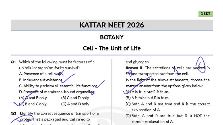 Kattar NEET 2026 Botany Final Exam: Cell - The Unit of Life - Studocu