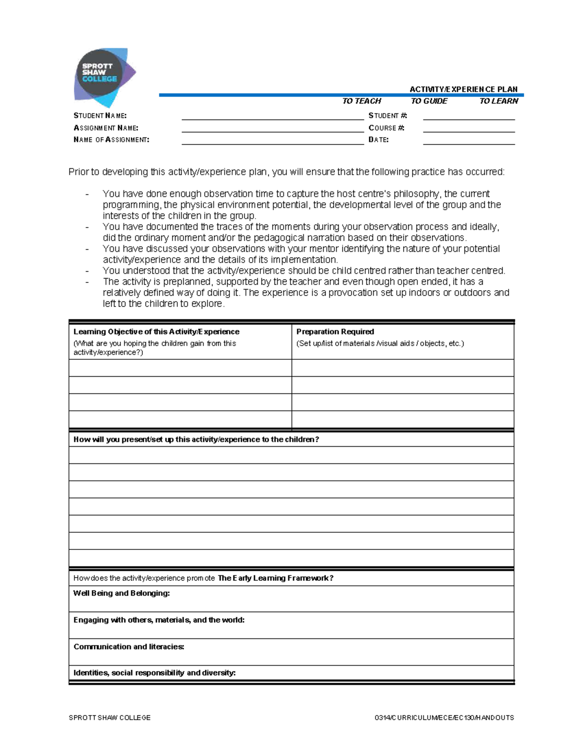 Activity Plan: Teaching Strategies for Early Learning - SPROTT SHAW ...