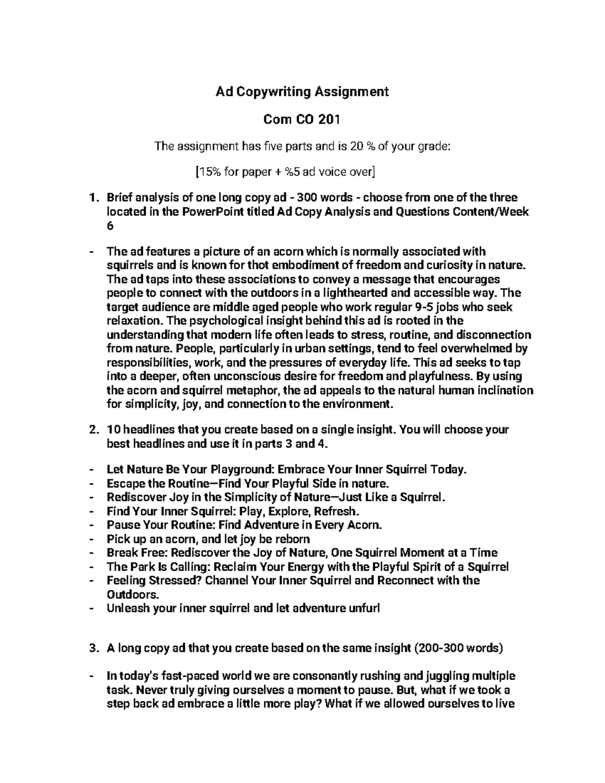 Ad Copywriting Assignment CO 201: Exploring Creative Ad Strategies ...