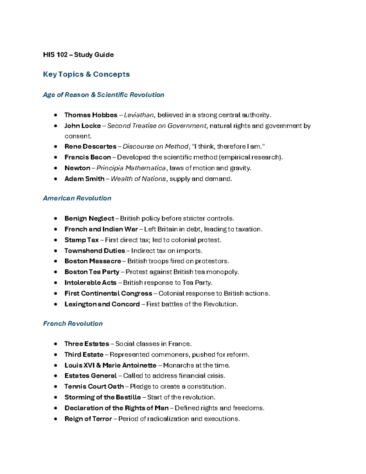HIS 102 – Study Guide: Key Concepts in Modern History (Age of Reason ...