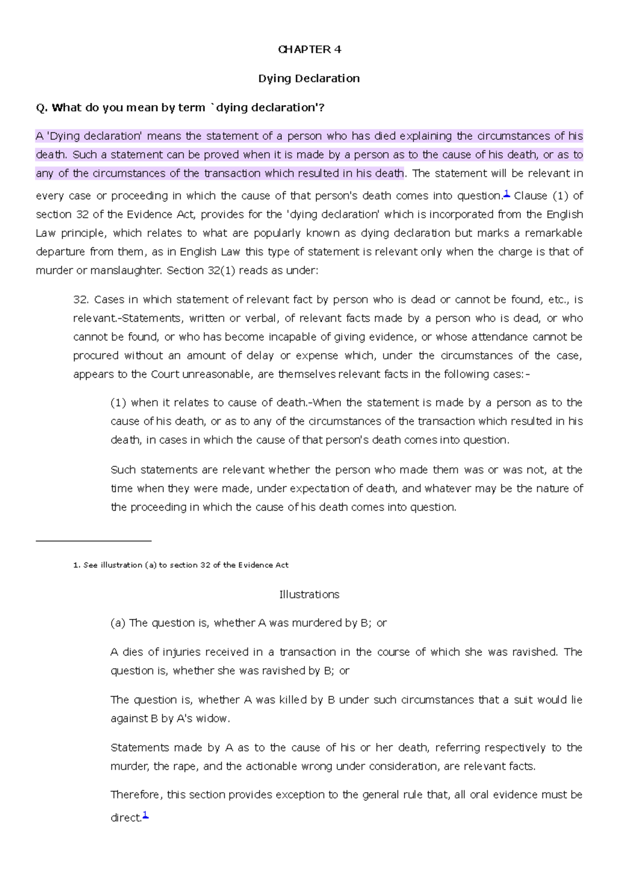 Law of Evidence Dying Declaration - CHAPTER 4 Dying Declaration Q. What ...