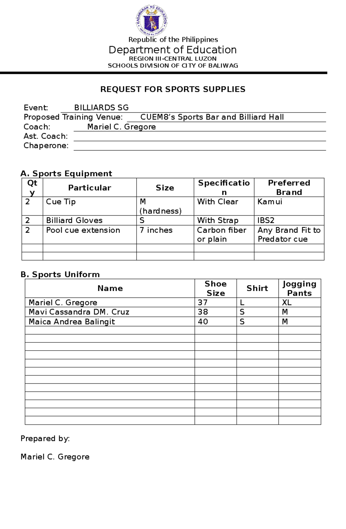 Billiards SG Sports Supplies Request Form - Philippines - Studocu