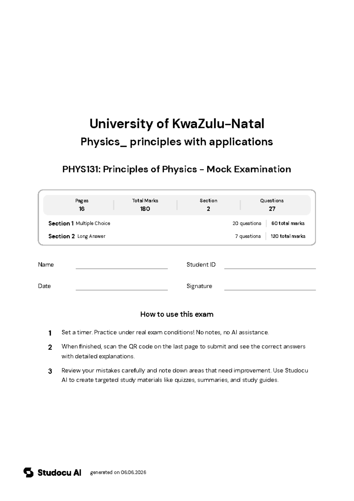 PHYS131: Principles of Physics - Mock Examination - Studocu
