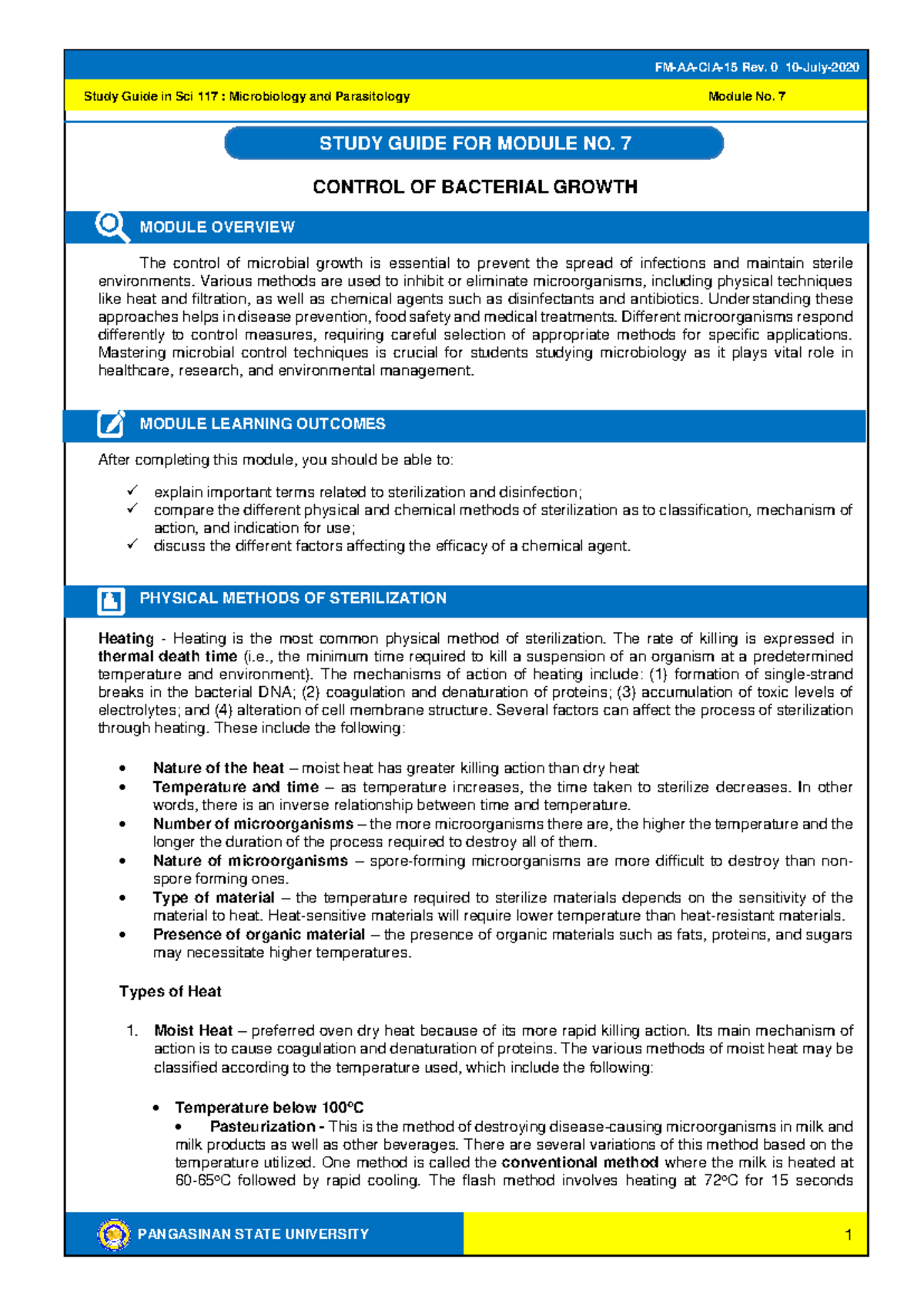 Study Guide 7: Control of Bacterial Growth in Sci 117 Microbiology ...