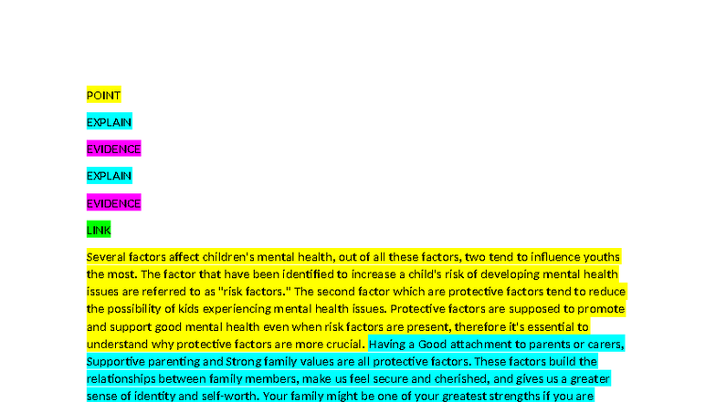 Pe paragraph - mental health - POINT EXPLAIN EVIDENCE EXPLAIN EVIDENCE ...