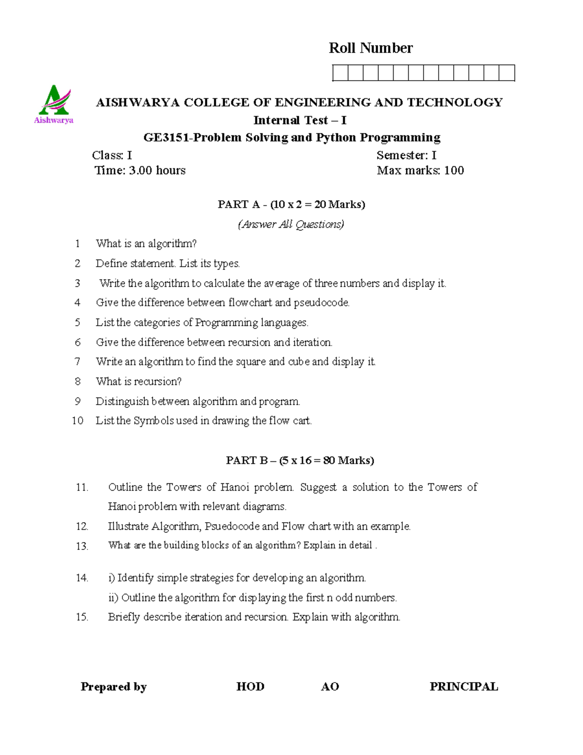 Python qp - GENERAL ENGINEERING - Roll Number AISHWARYA COLLEGE OF ...