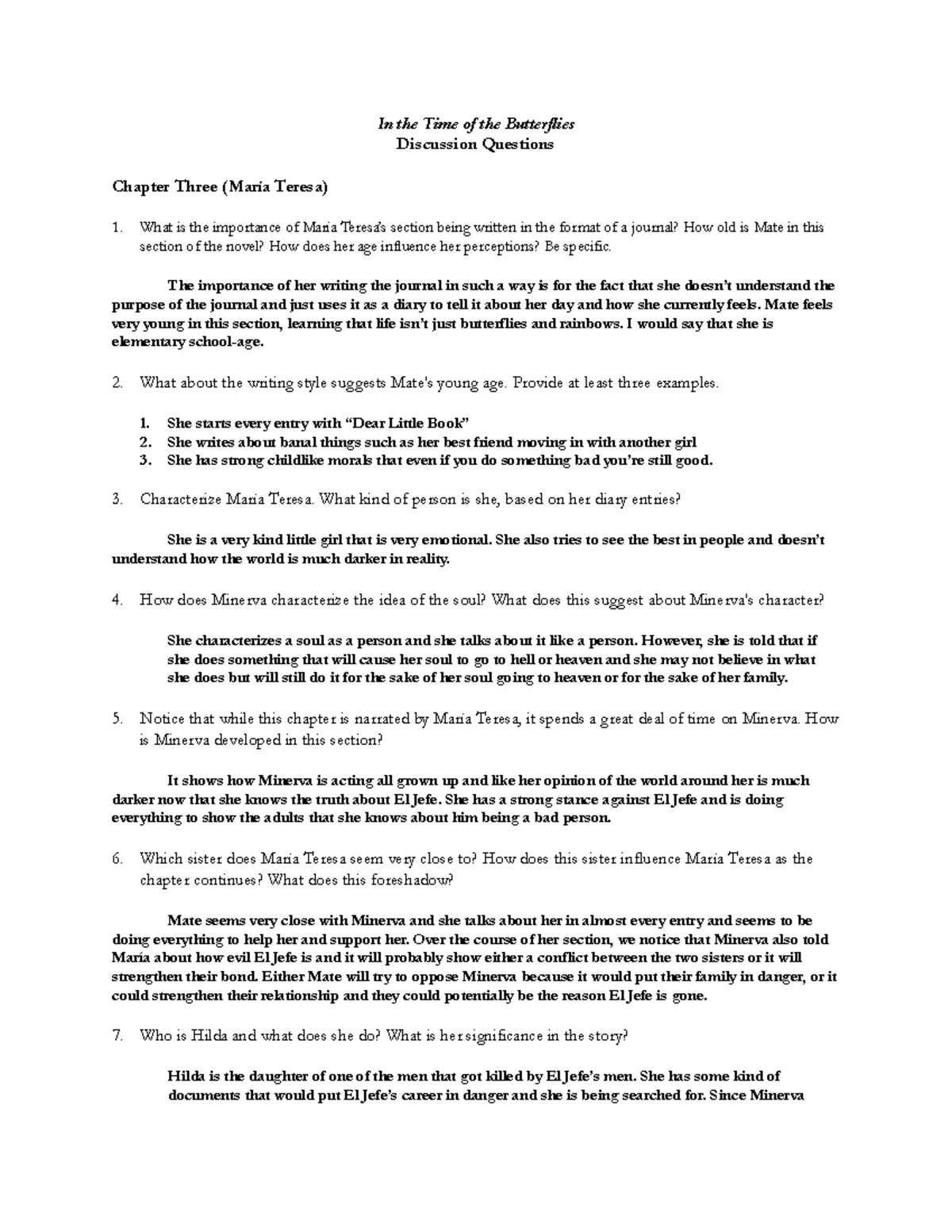 Reading Tasks and Discussion Questions for In the Time of Butterflies ...