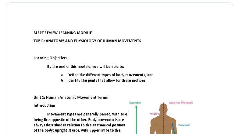 BLEPT REVIEW: ANATOMY & PHYSIOLOGY OF HUMAN MOVEMENTS MODULE - Studocu