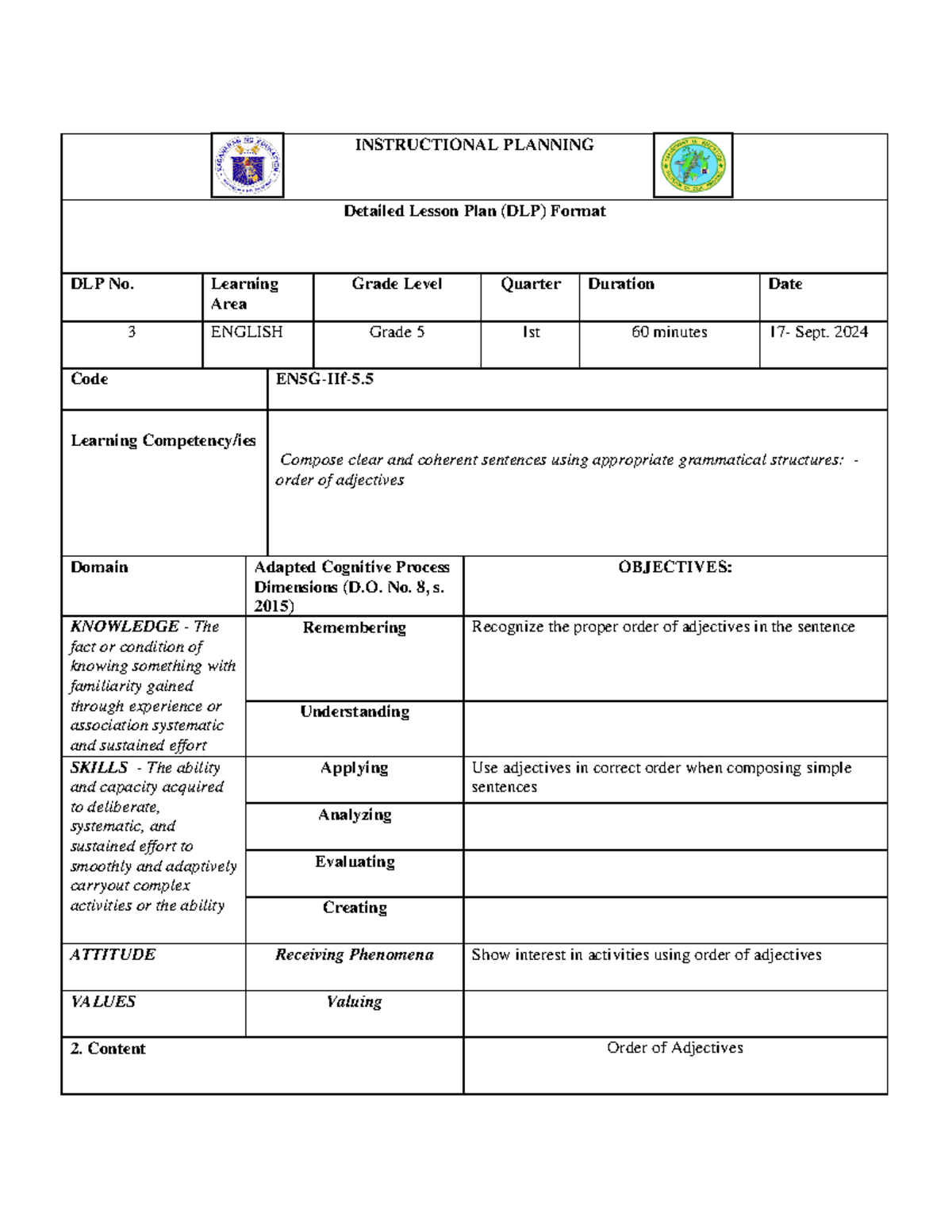 Lesson Plan EN5G-IIf-5: Understanding Order of Adjectives - Studocu