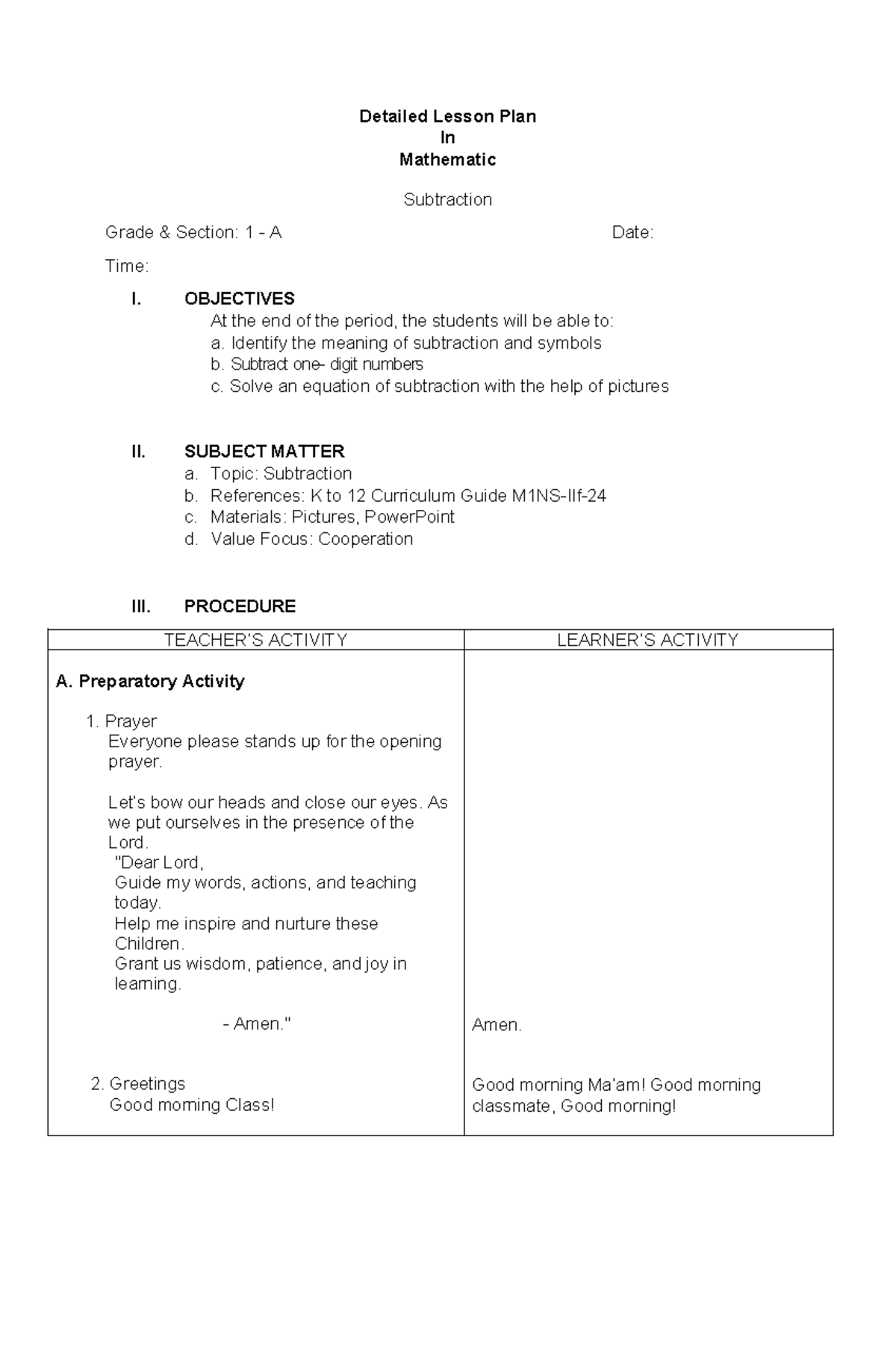 Math 1 Lesson Plan on Subtraction for Grade 1 Students - Studocu