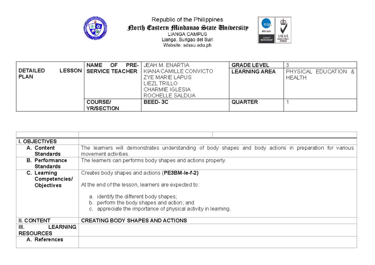 PEH-Lesson Plan Demo - Study - DETAILED LESSON PLAN NAME OF PRE ...