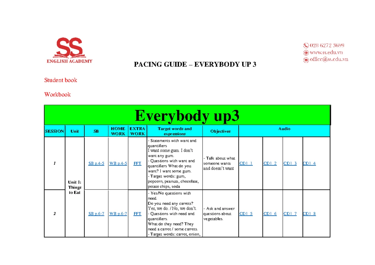 Everybody Up 5 (Students) - PACING GUIDE – EVERYBODY UP 5 Student book Workbook Everybody up 5 ...