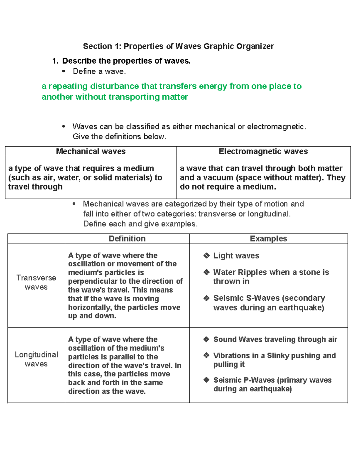 Properties of Waves Graphic Organizer - Section 1 (#4) - Studocu